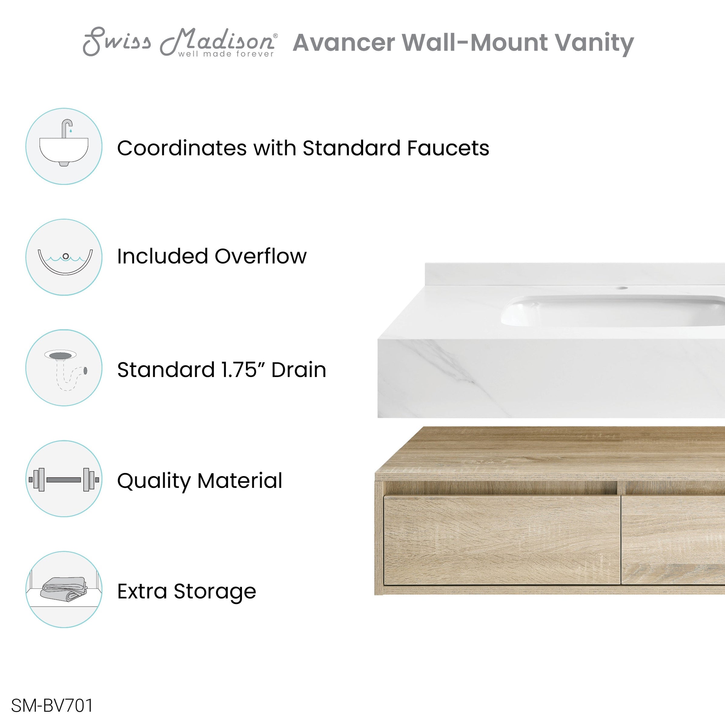 Swiss Madison Avancer 36" Wall-Mounted Bathroom Vanity in Calacatta an ...